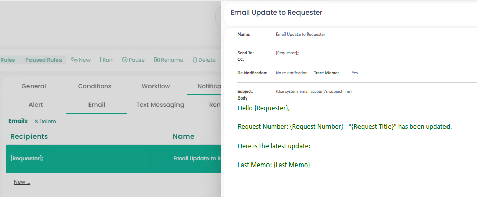 Sample 6: Email notification to Requester when a request has been updated